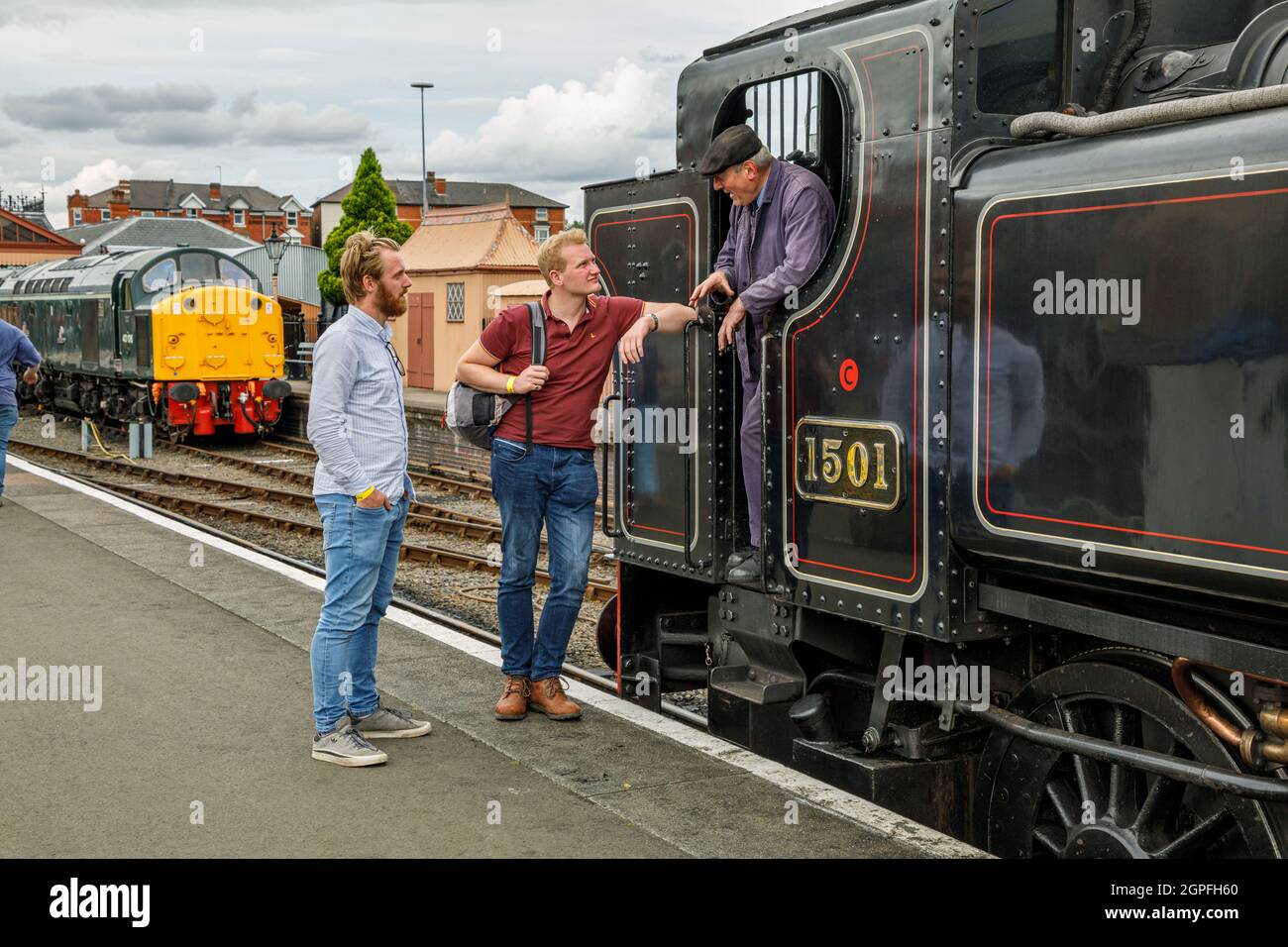 Visitors chatting to an engine driver at Kidderminster Station, Severn ...