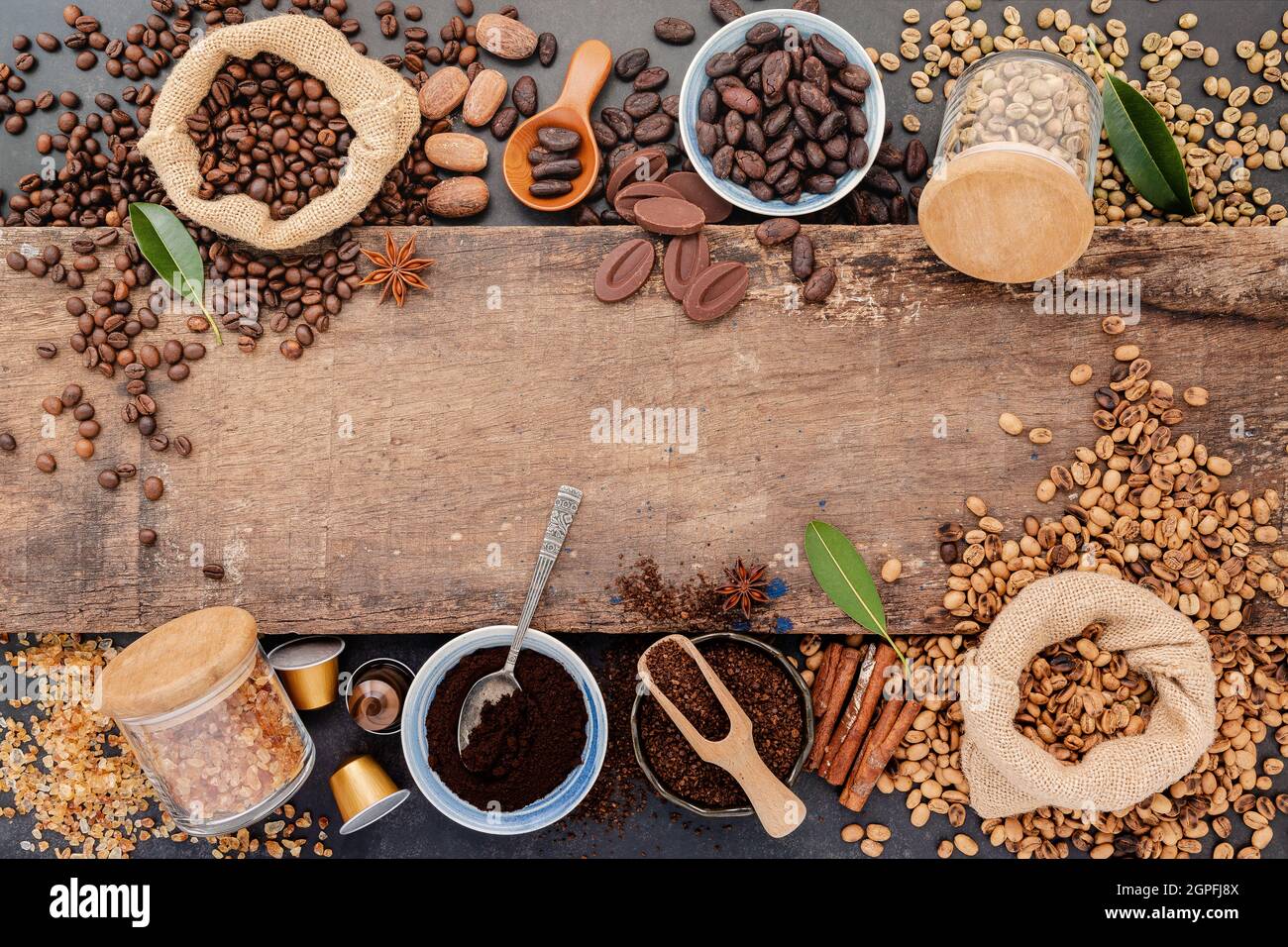 Background of various coffee , dark roasted coffee beans , ground and ...