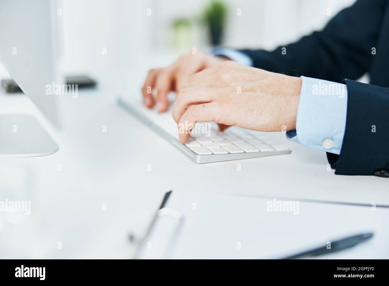 Desktop computer keyboard typing documents office Stock Photo - Alamy