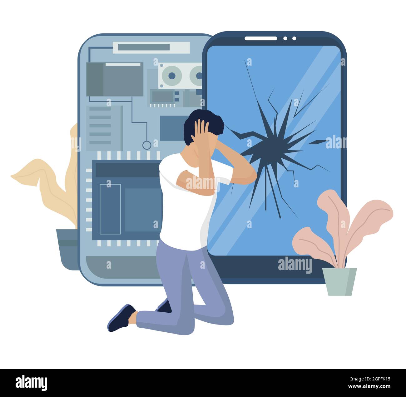 Upset man because of his mobile phone cracked screen, vector ...