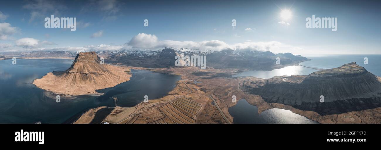 Kirkjufel volcanic mountain from aerial view in panoramic Stock Photo ...