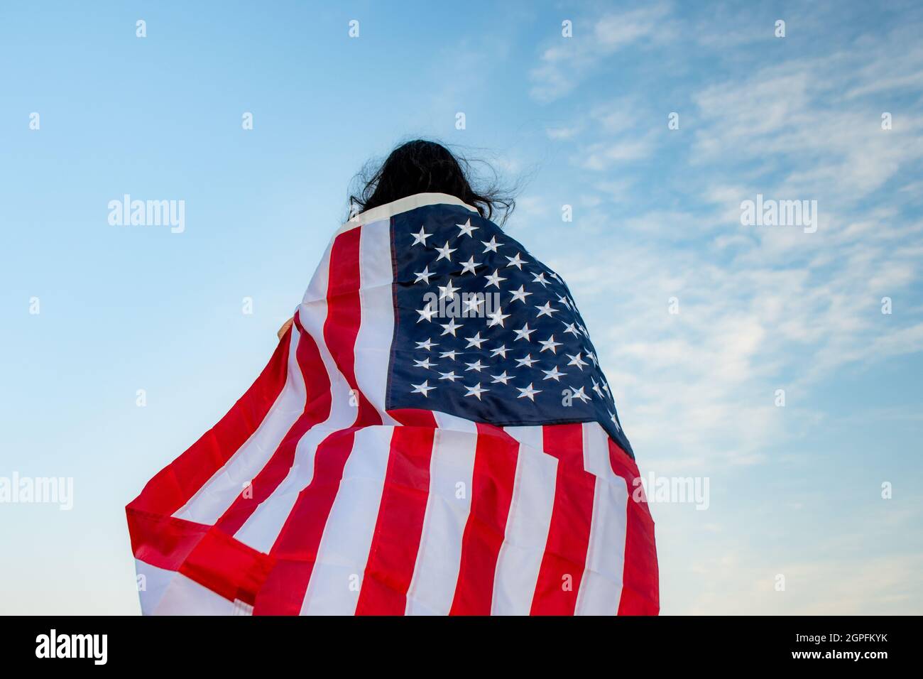 American Flag From Back View Back View Of Woman With American Flag In
