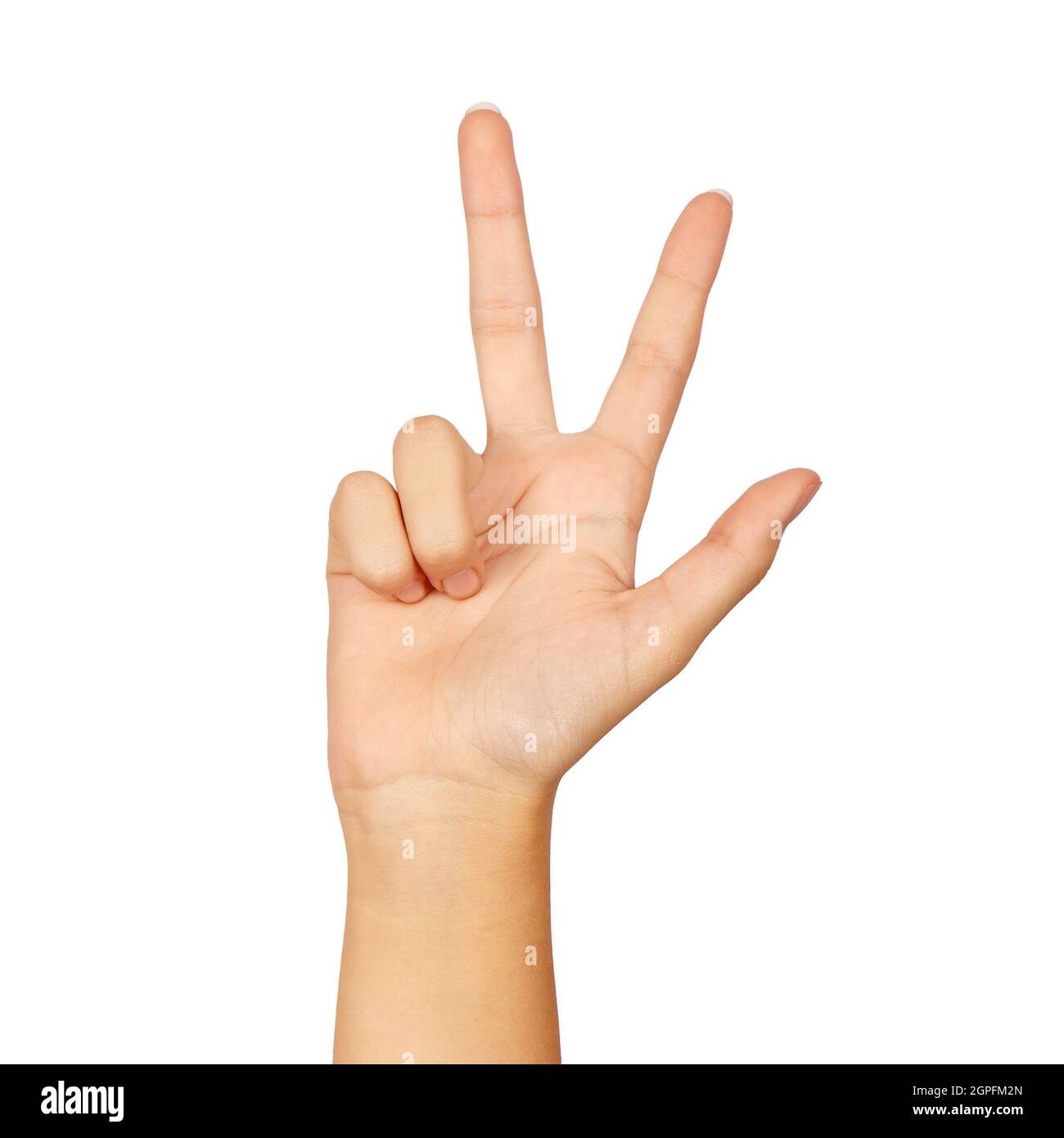 american sign language number 3. female hand gesturing isolated on ...