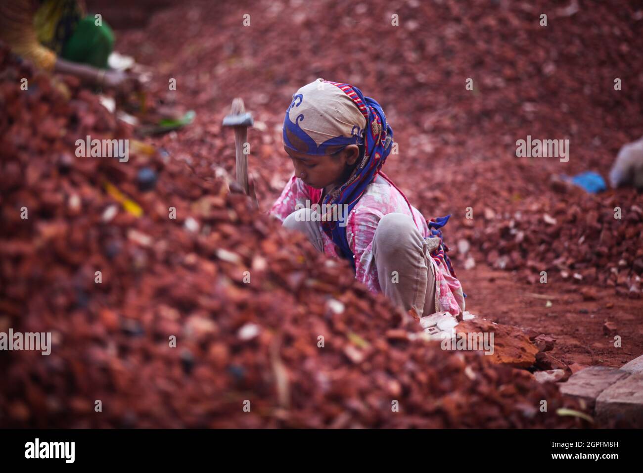 A Bangladeshi child labor breaking brick in a brick break yard inside ...