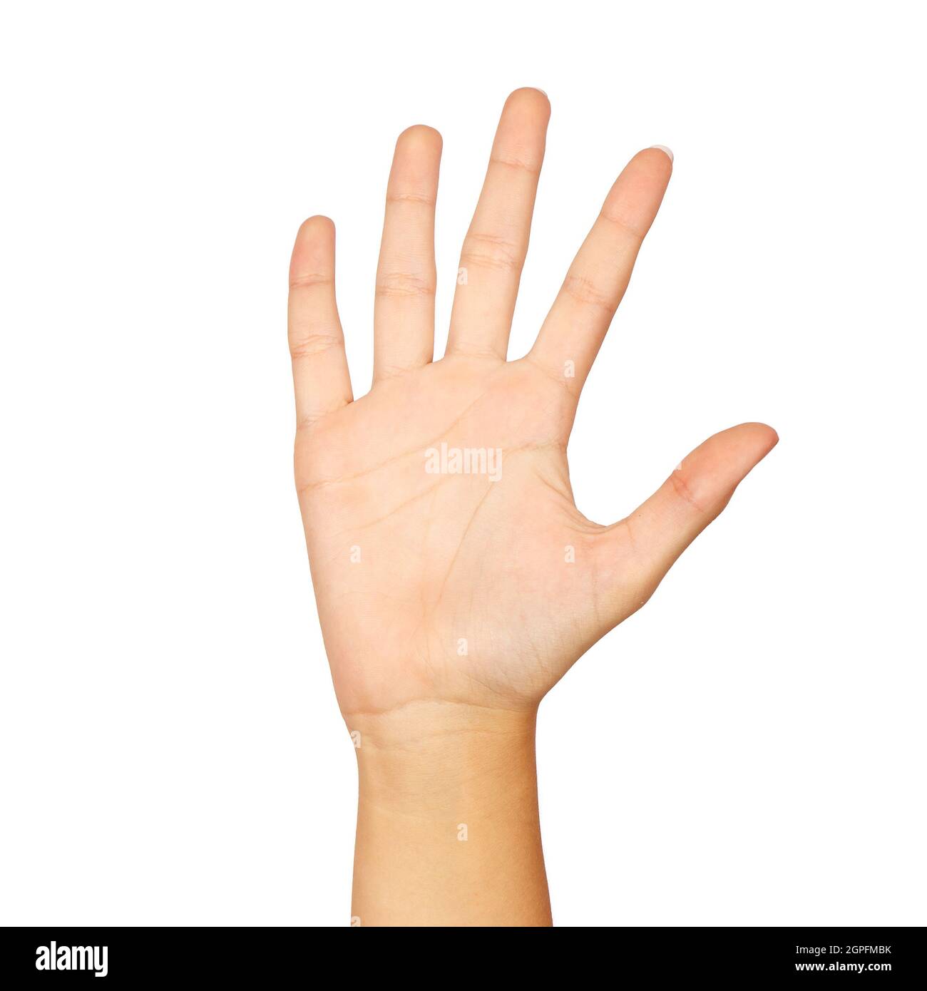 american sign language number 5. female hand gesturing isolated on ...