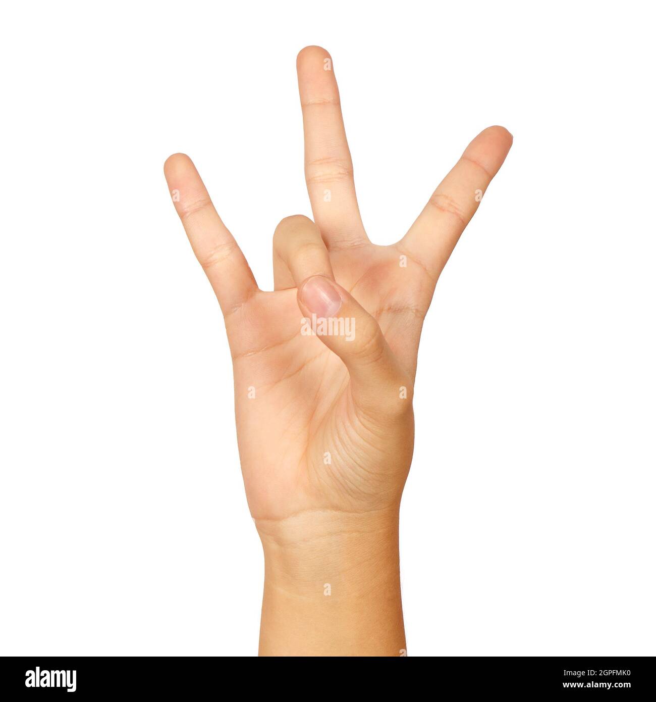american sign language number 7. female hand gesturing isolated on ...