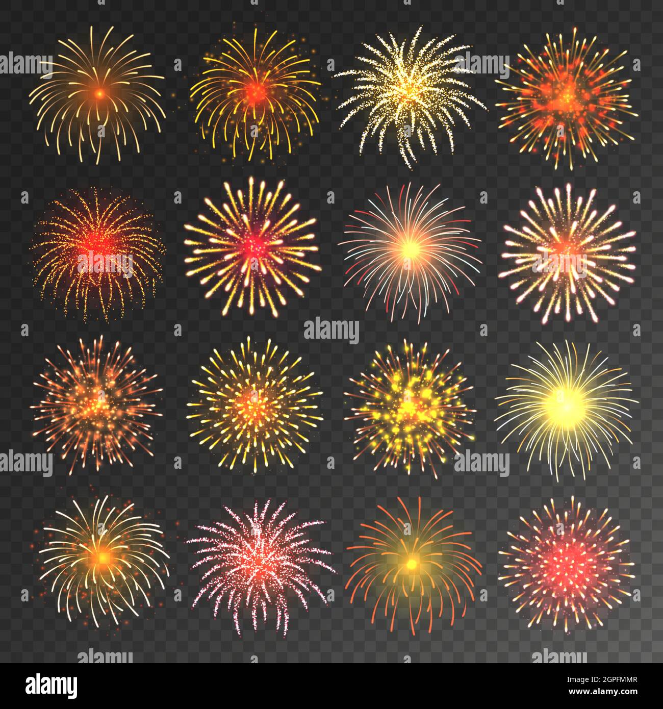 Colorful festive fireworks collection. Realistic yellow firework ...