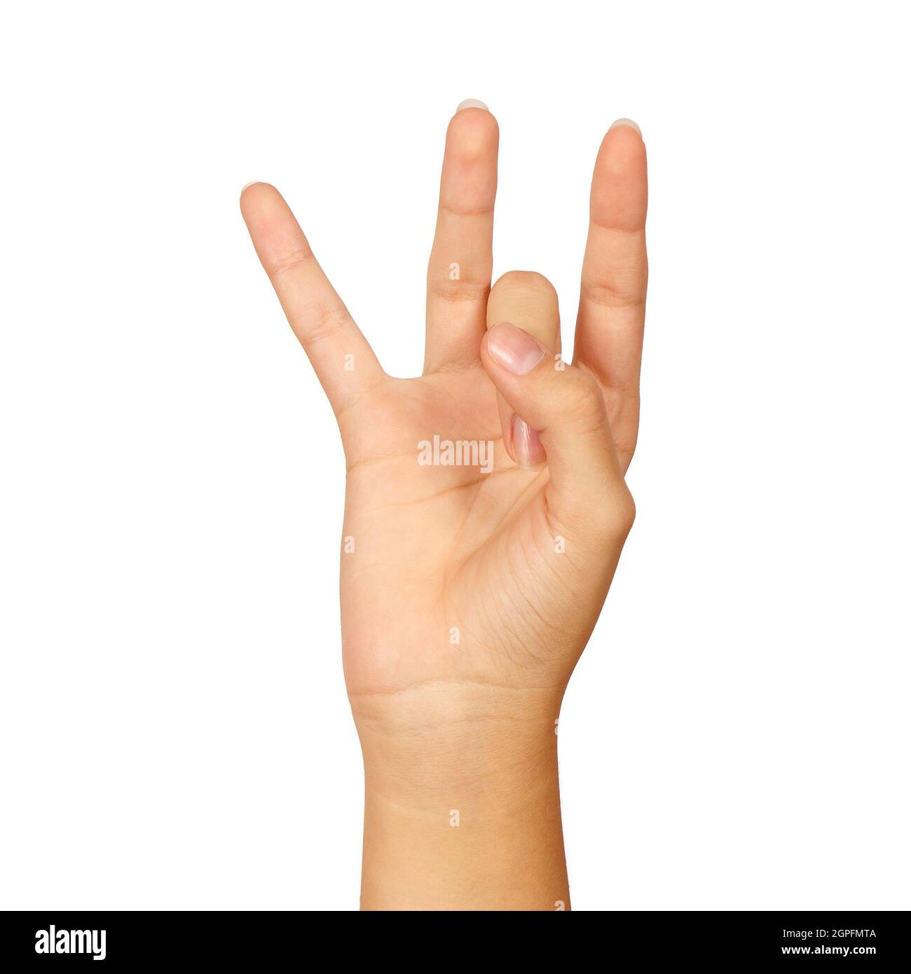 american sign language number 8. female hand gesturing isolated on ...