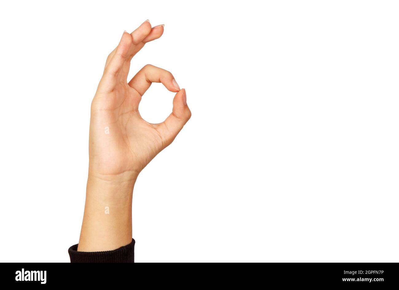 american sign language. female hand showing all ok. isolated on white ...