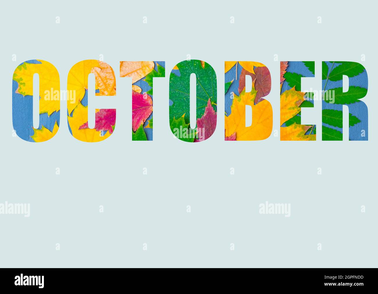 The word OCTOBER, composed of bright, colorful autumn leaves of ...