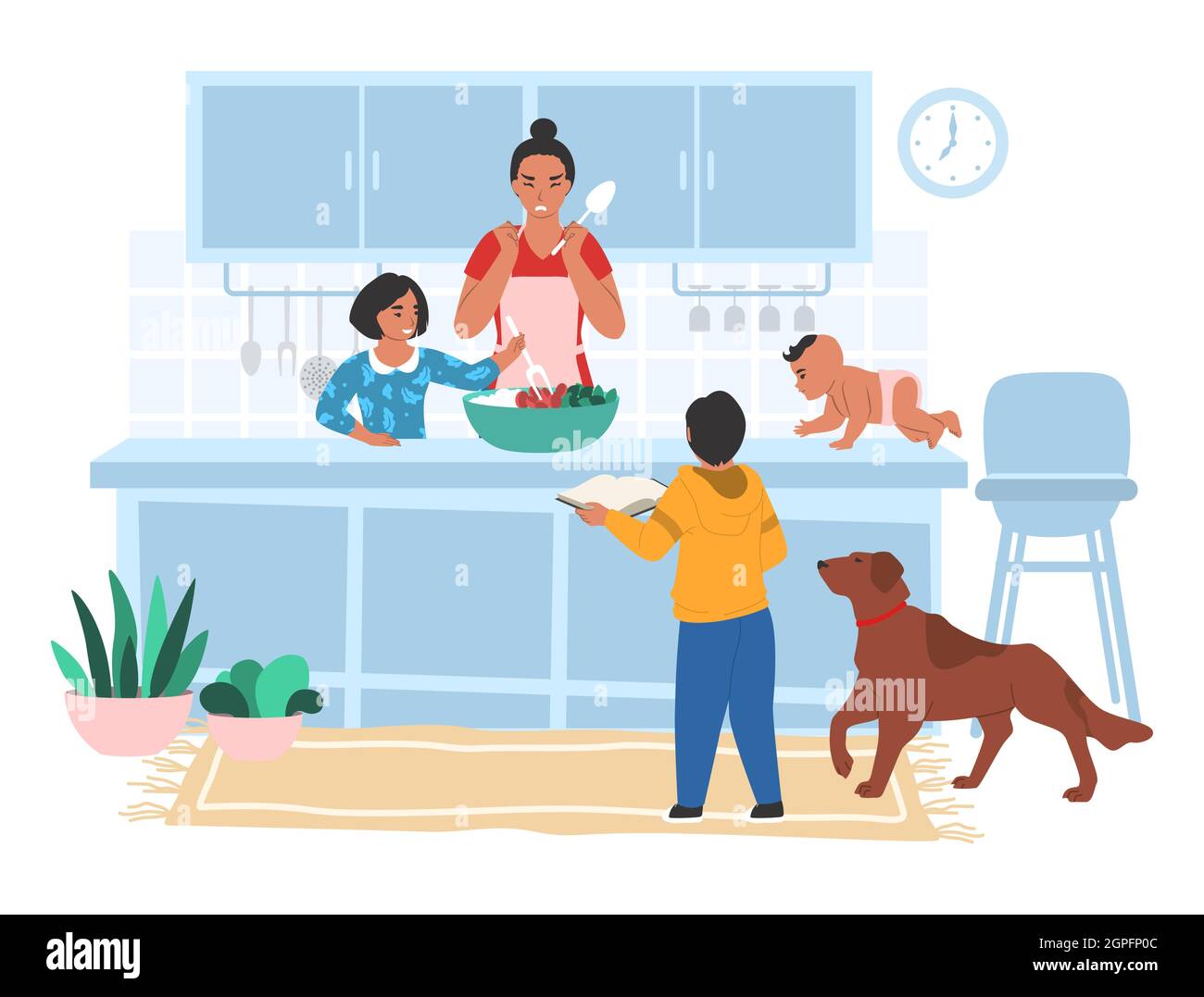 Stressed tired mom cooking in kitchen with her kids, flat vector ...