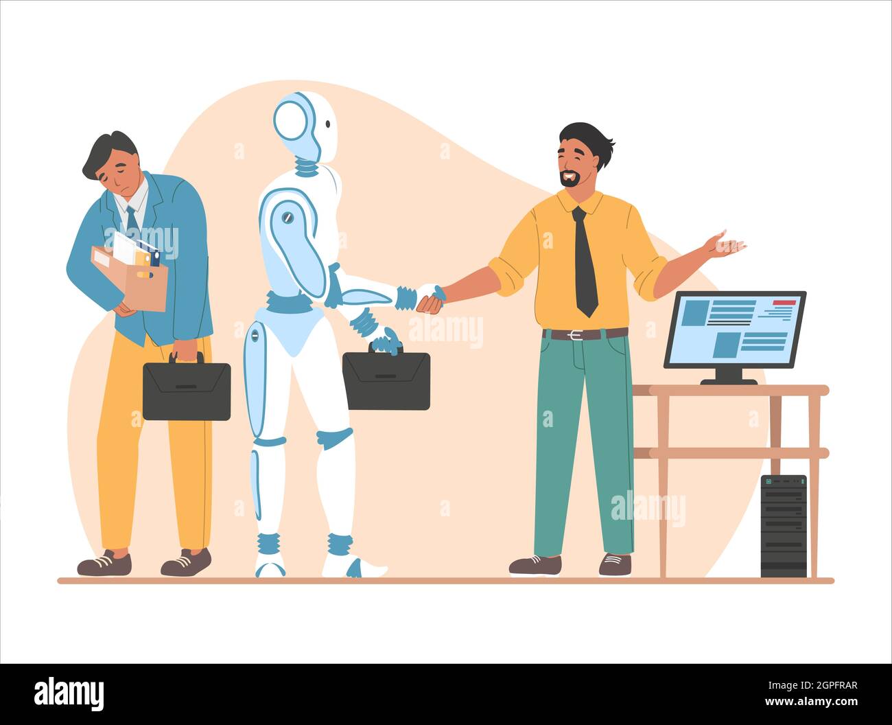 Dismissal employee, boss shaking robot hand, flat vector illustration ...