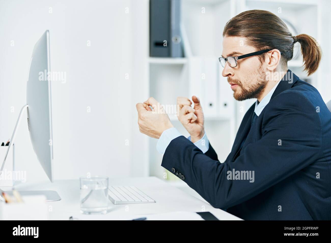 business man wearing glasses work desk office manager Stock Photo - Alamy