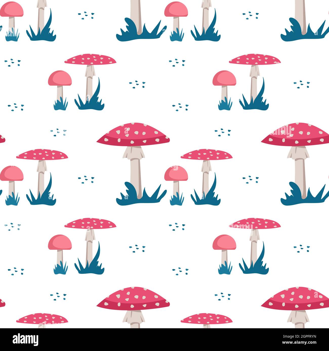 Seamless Pattern With Amanita Mushrooms With Bright Pink Hat And White