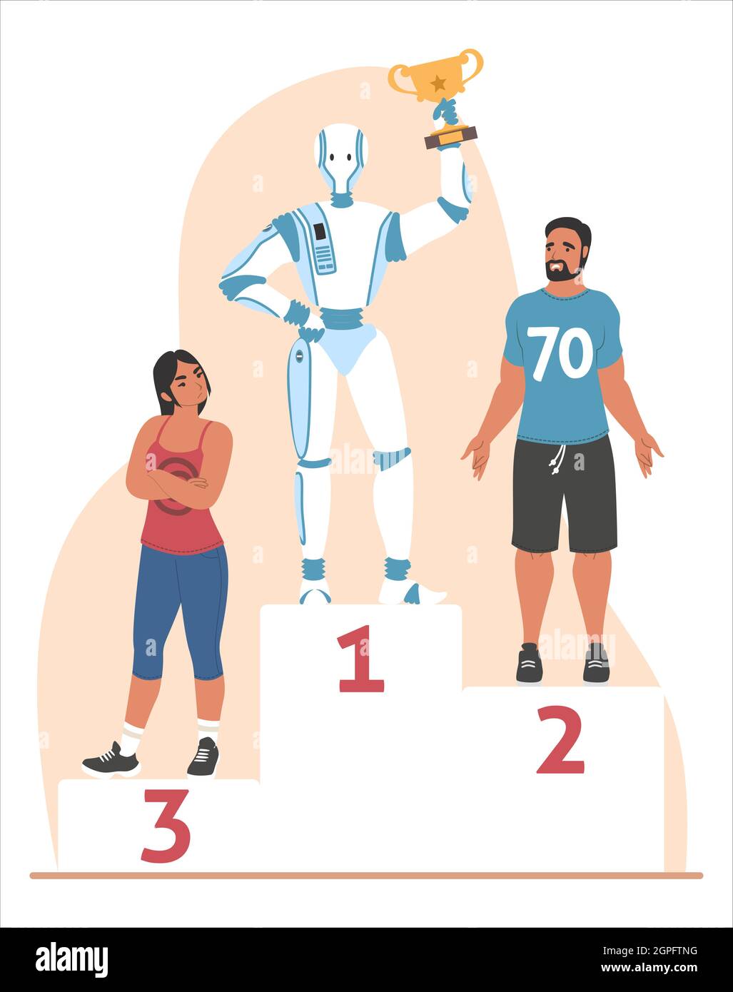 Robot on winner pedestal with trophy cup. Robot machine winning ...