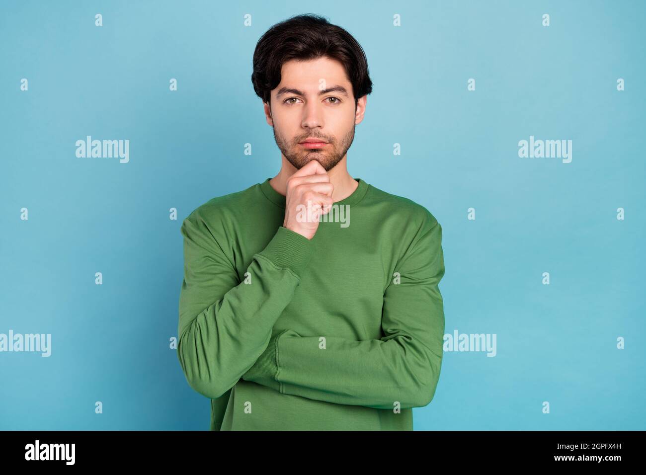 Portrait of young attractive serious thoughtful minded ponder man ...