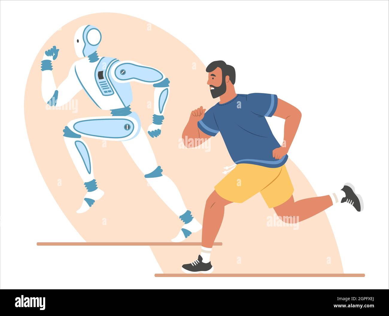 Robot and human running marathon race, flat vector illustration. Ai ...