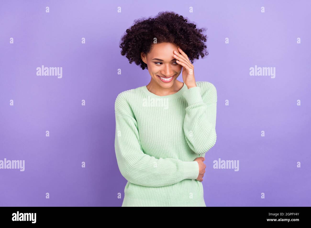 Photo of young shy embarrassed dark skin woman look empty space good ...