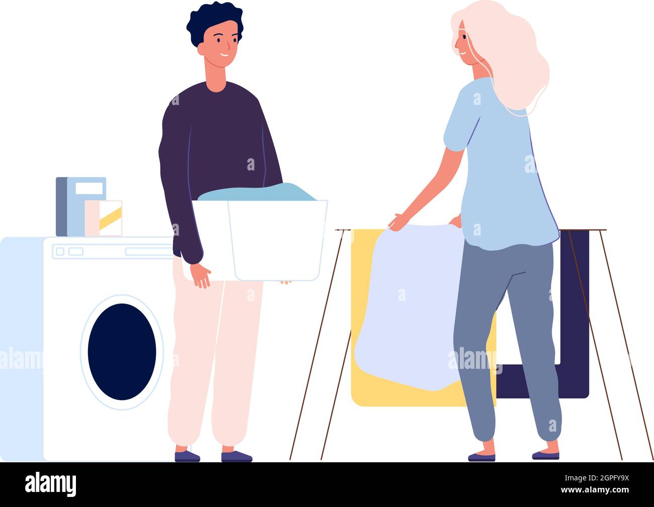 Laundry time. Couple make washing clothing. Happy man and woman in ...