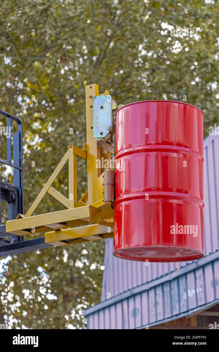 Oil Drum Grabber at Forklift Truck Attachment Stock Photo - Alamy