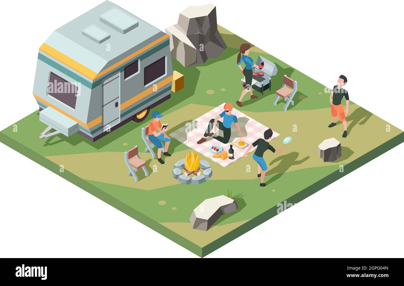 Outdoor picnic party. Camper fire place tent camp barbecue party table ...