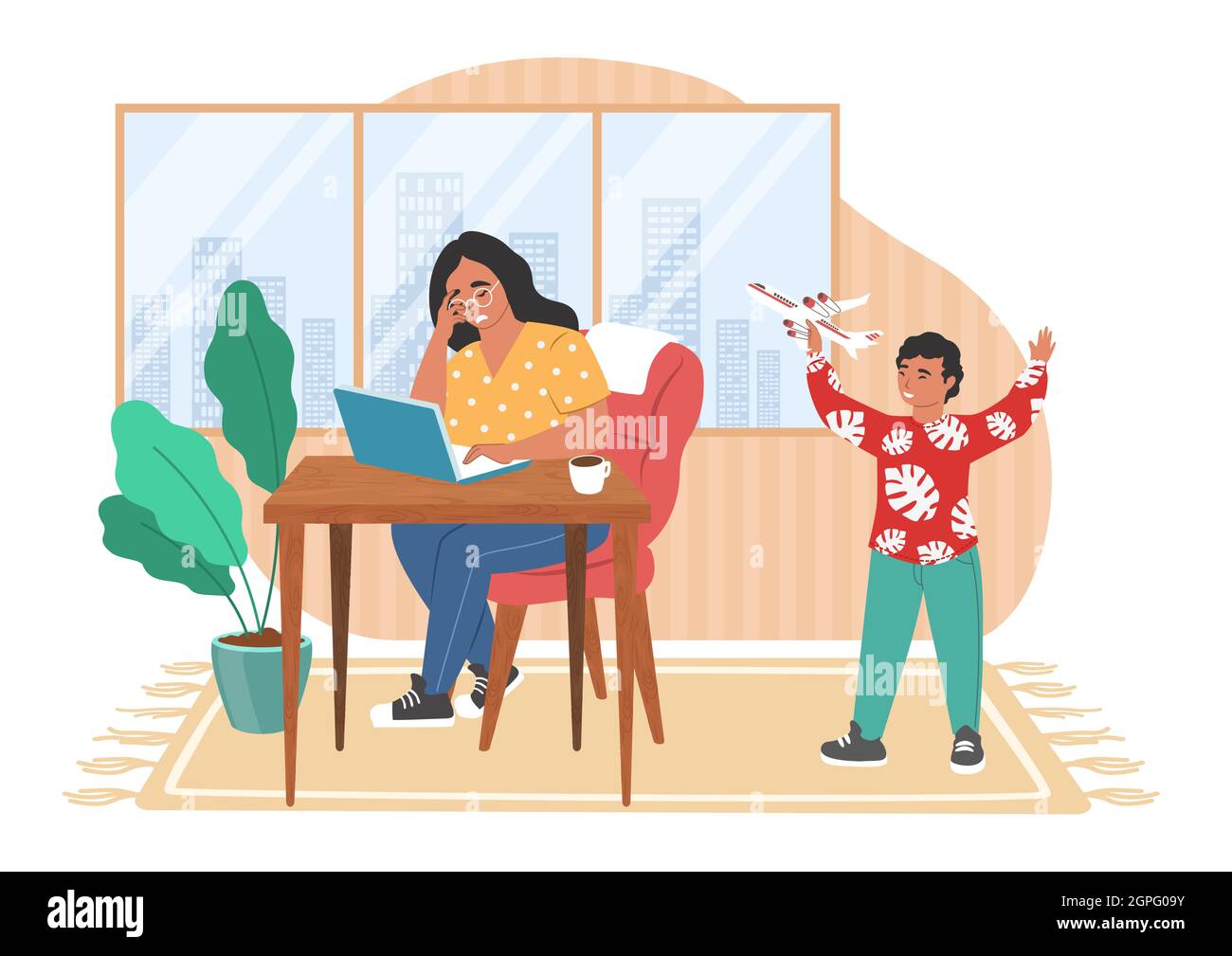 Stressed mom working on computer while kid making noise playing with ...