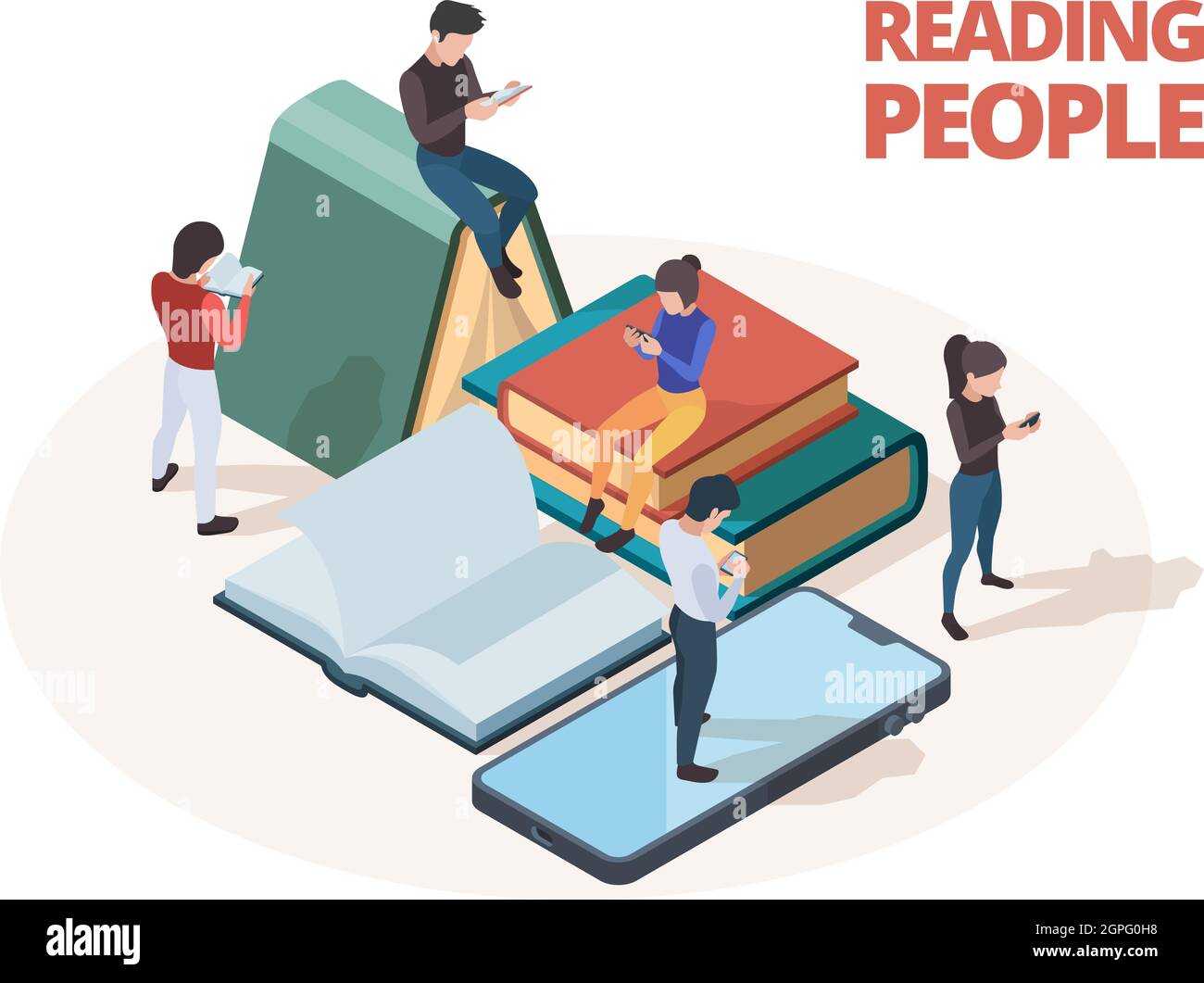 Reading people. Study persons with books newspapers and smartphones ...