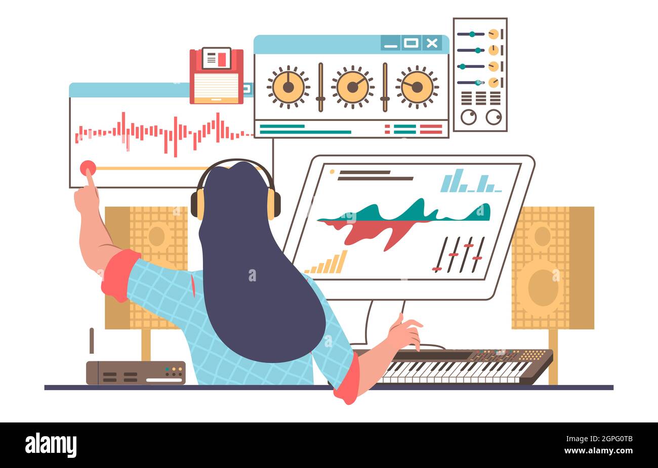 Sound designer, engineer wearing headphones creating, recording music ...