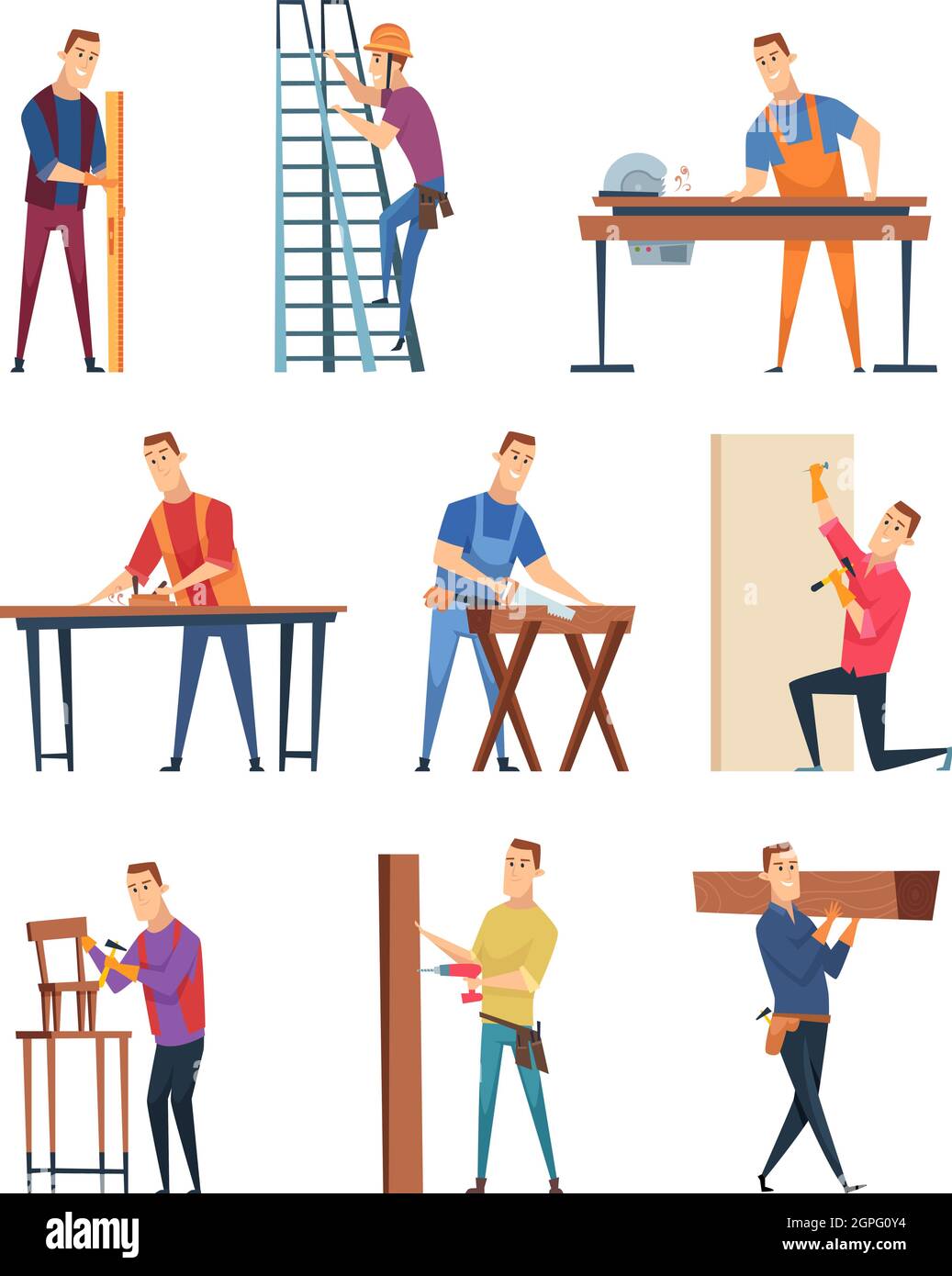 Carpenter character. Professional wood workman carpenter with equipment ...