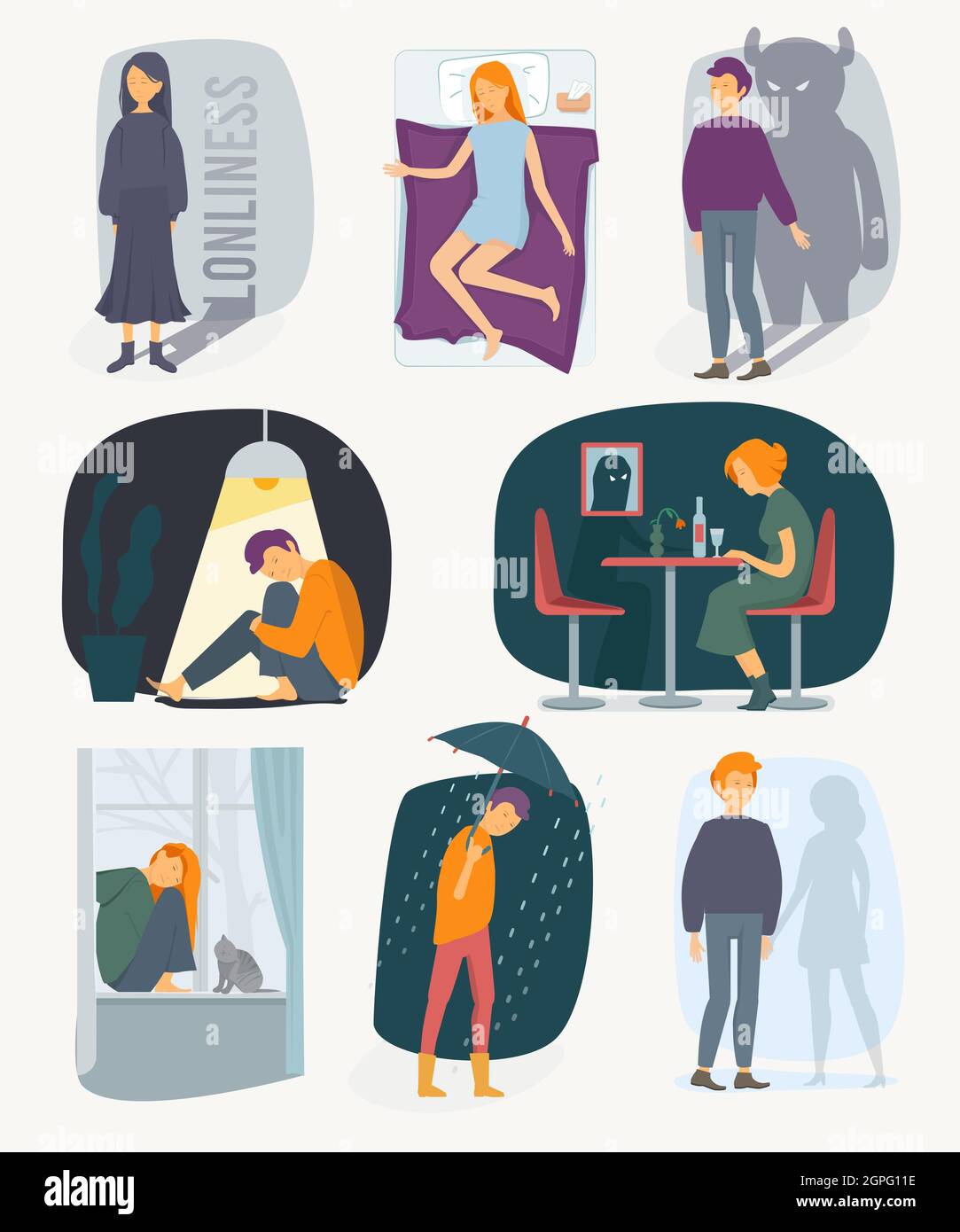 Loneliness people. Depressed rain feeling of fearfully stressed ...