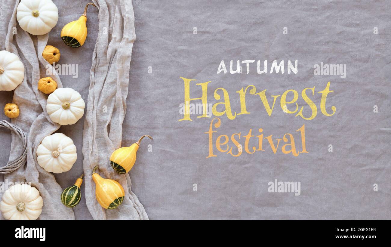 Autumn harvest festival text with natural pumpkins and quince fruit ...