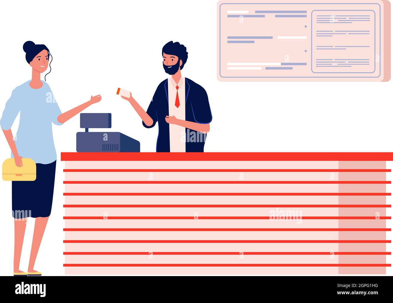 Cinema cashier. Woman buy ticket. Happy girl visiting movie theater or entertaiment center. Flat ...