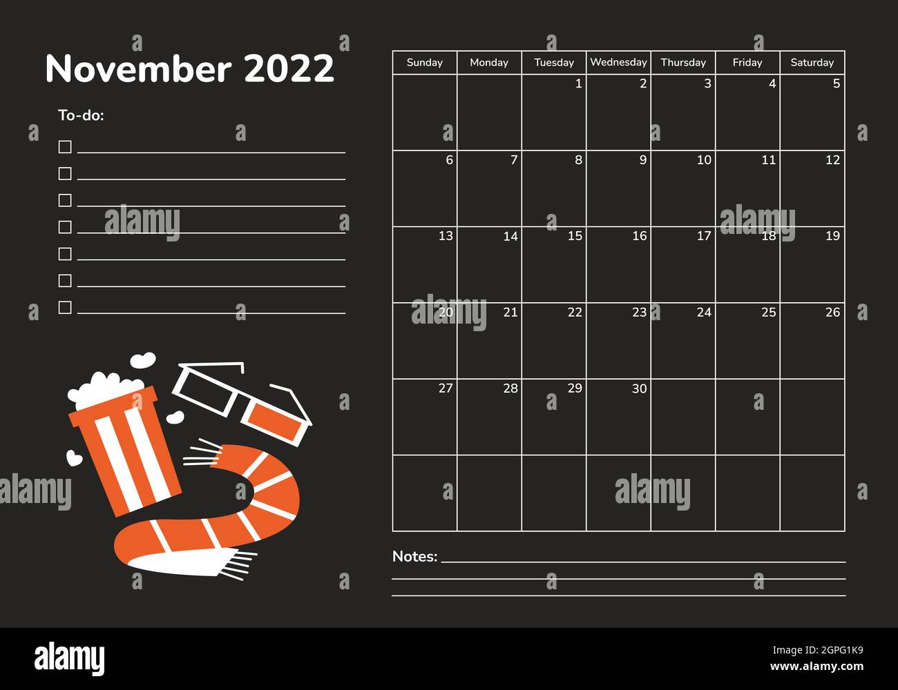 Horizontal planner 2022. November calendar page. Organizer scheduler ...