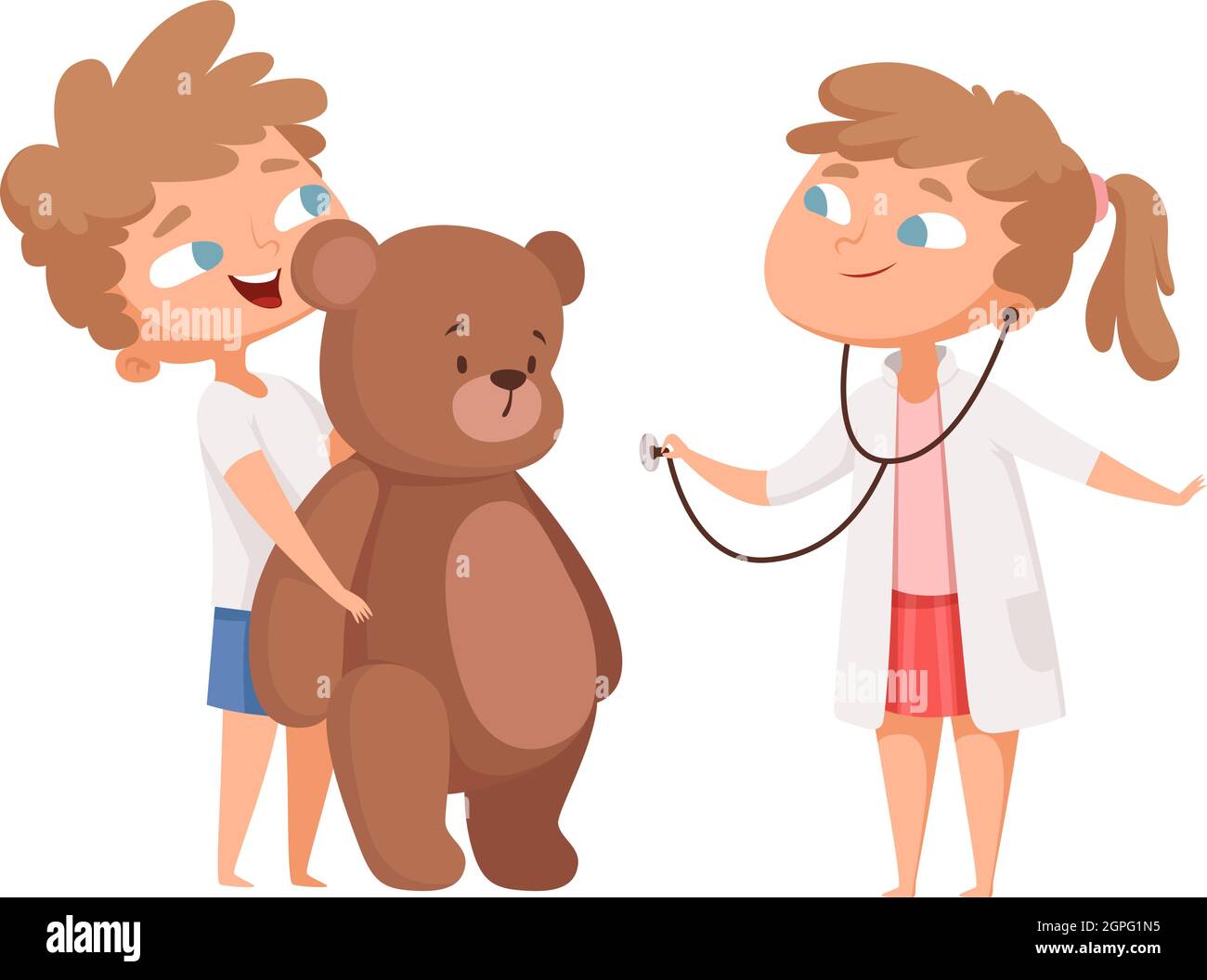 Children playing. Cute girl doctor and teddy bear patient. Kids play in ...