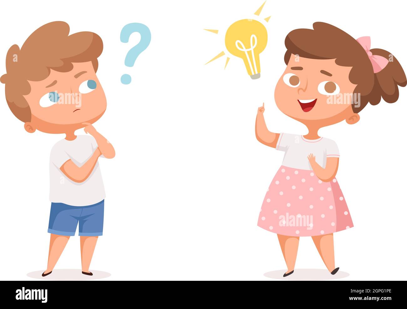 Kids good idea. Thinking people with question marks and happy mind lamp ...