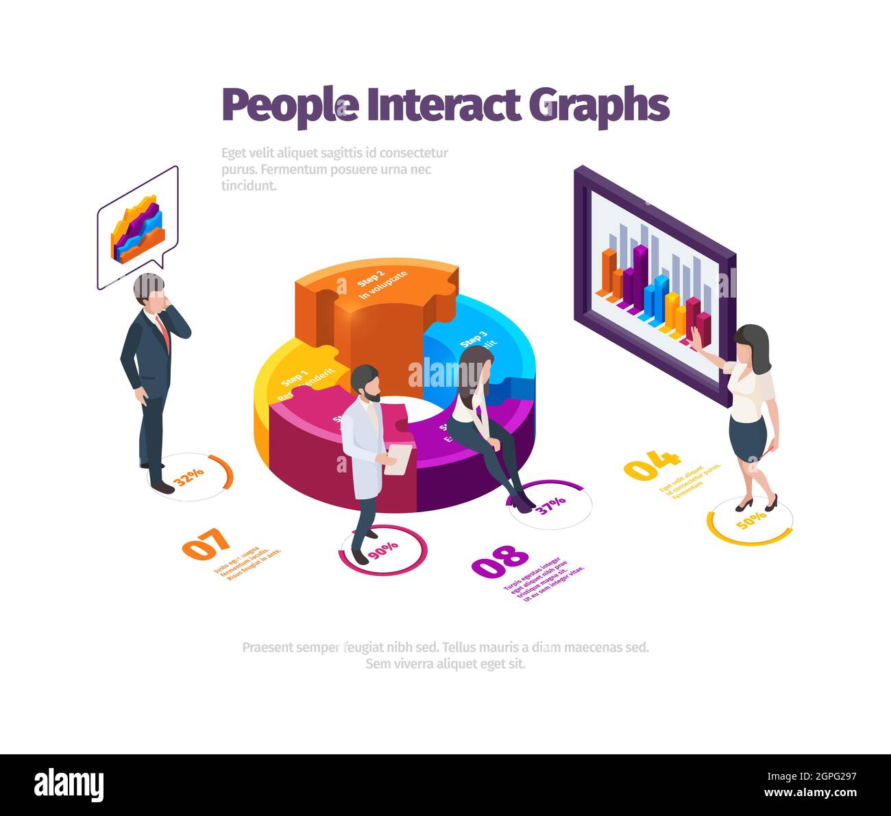 People interact graphs. Futuristic glowing panels business web ...