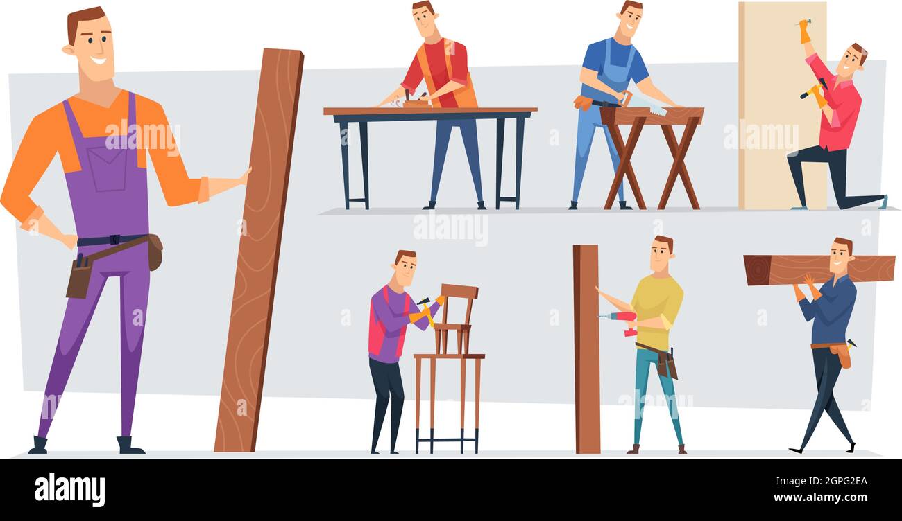 Carpentry job. Handyman character or craftsman professional working ...