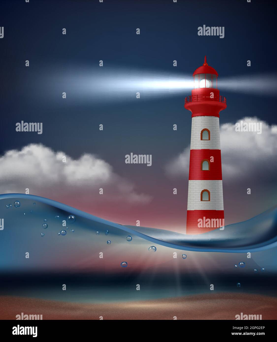 Lighthouse in ocean. Night marine landscape with lighthouse for ship ...