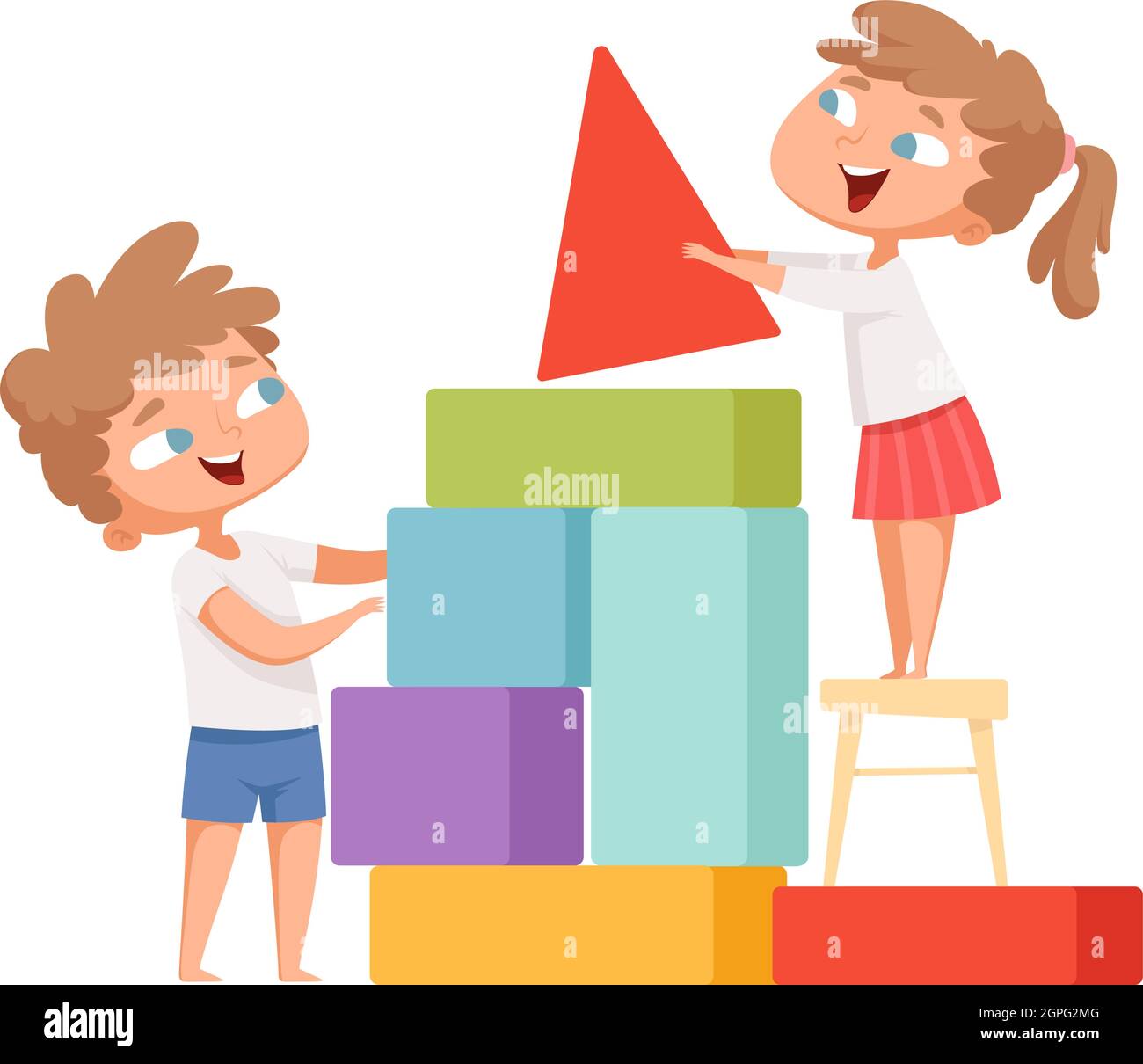 Kids playing. Happy children build colorful cubes home. Isolated ...