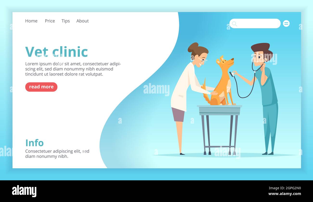 Vet clinic landing. Doctor exam happy domestic dog puppy healthcare ...