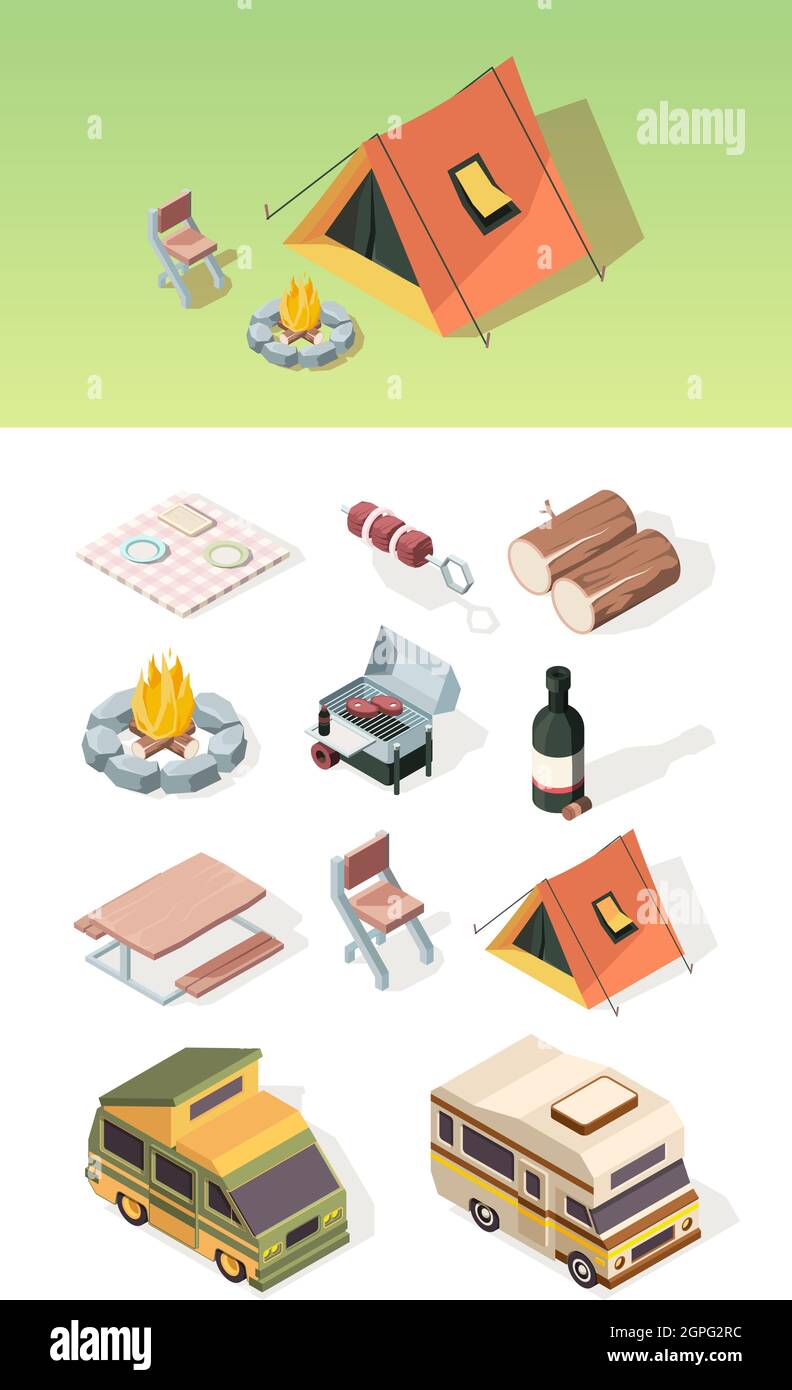 Barbecue isometric. Picnic table bbq steak camper van product party on ...