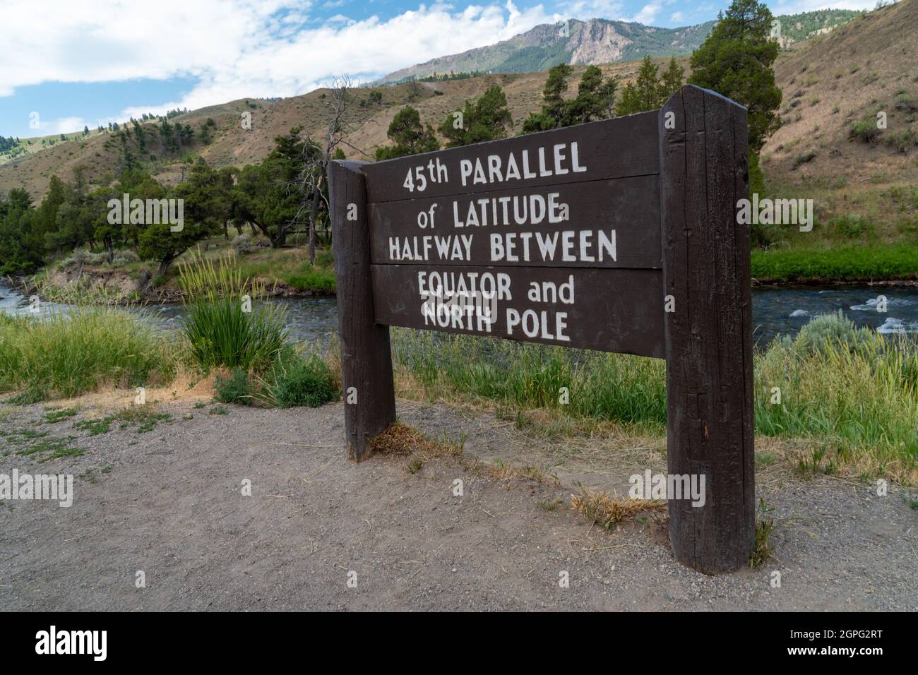 45th Parallel of Latitude in Yellowstone National Park sign Stock Photo ...