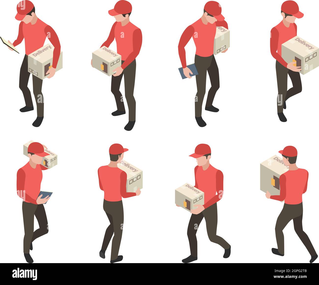 Delivery characters. Couriers with packages boxes cargo service workers ...