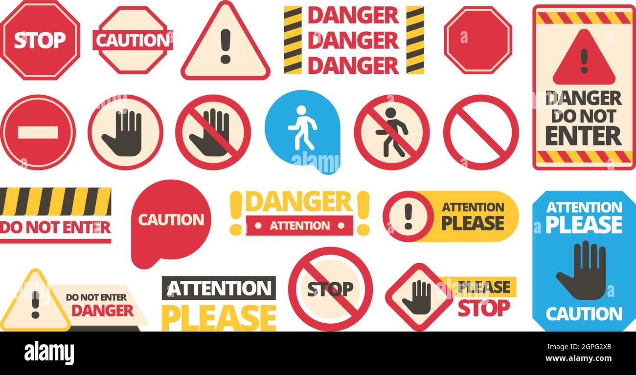 Attention boards. Admittance symbols stop hand red framed attention ...