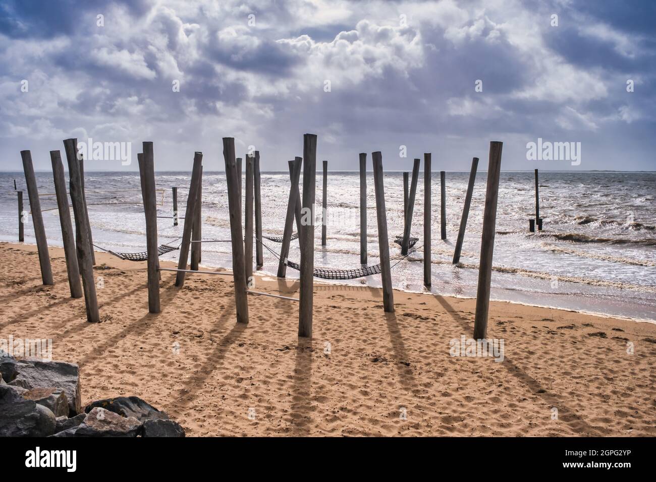 Poles on Hjerting public beach promenade in Esbjerg, Denmark Stock ...