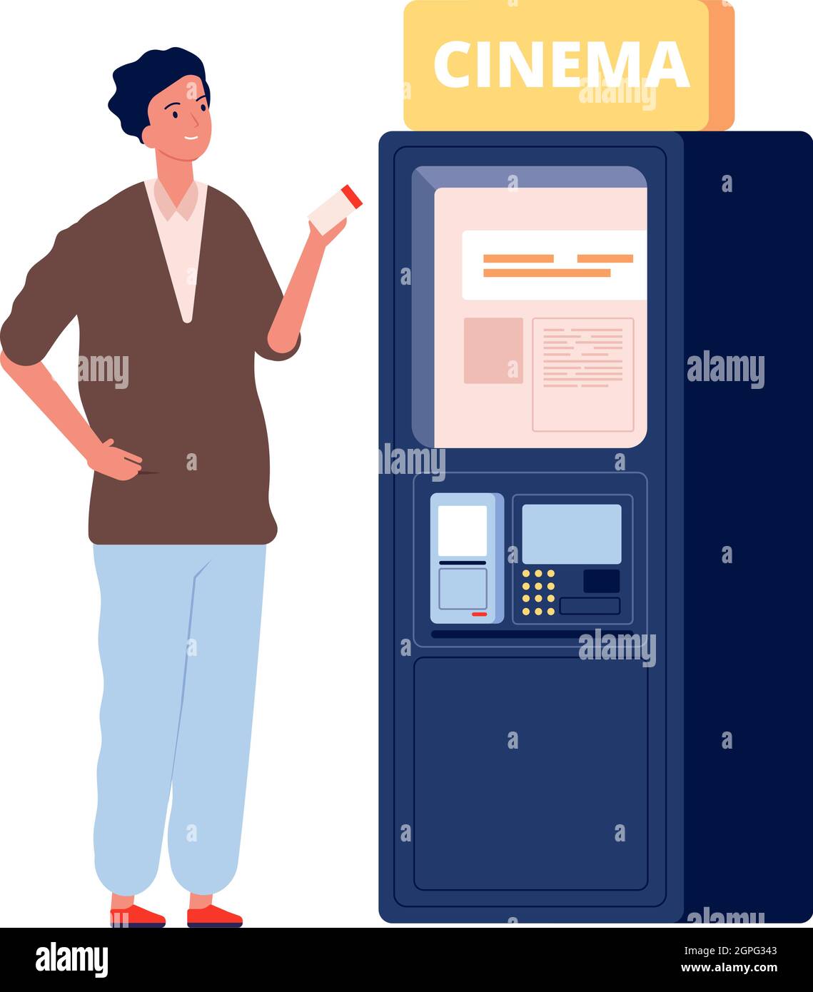 Ticket vending machine. Man buy card, cinema time. Flat movie theater ...