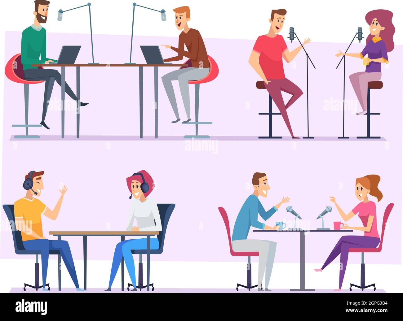 Broadcast characters. Radio show people studio making sound and music ...