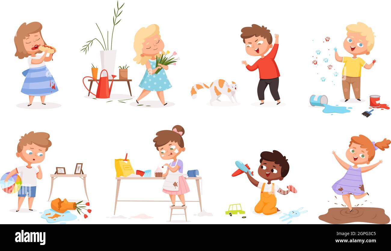 Kids destroy. Little delinquent messy children hyperactivity energy ...