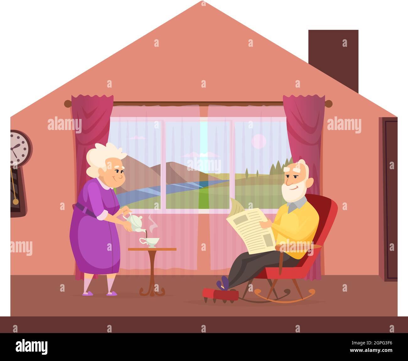 Cozy domestic lifestyle. Elderly couple drink tea, cute seniors stay ...