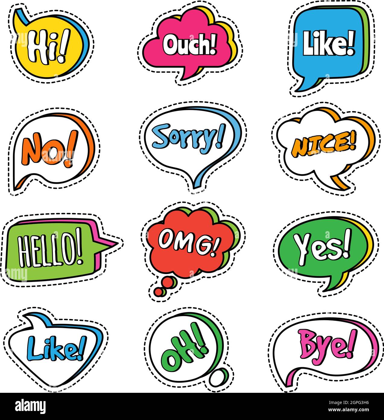 Talk phrase. Speech bubbles with words dialogue text yes, omg, vector ...